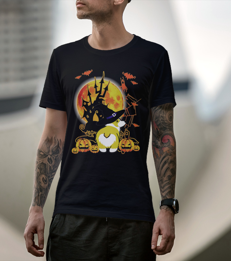 Corgi Dog Lovers Funny Dog Halloween Witch Moon Pumpkins Haunted House Bats T-Shirt