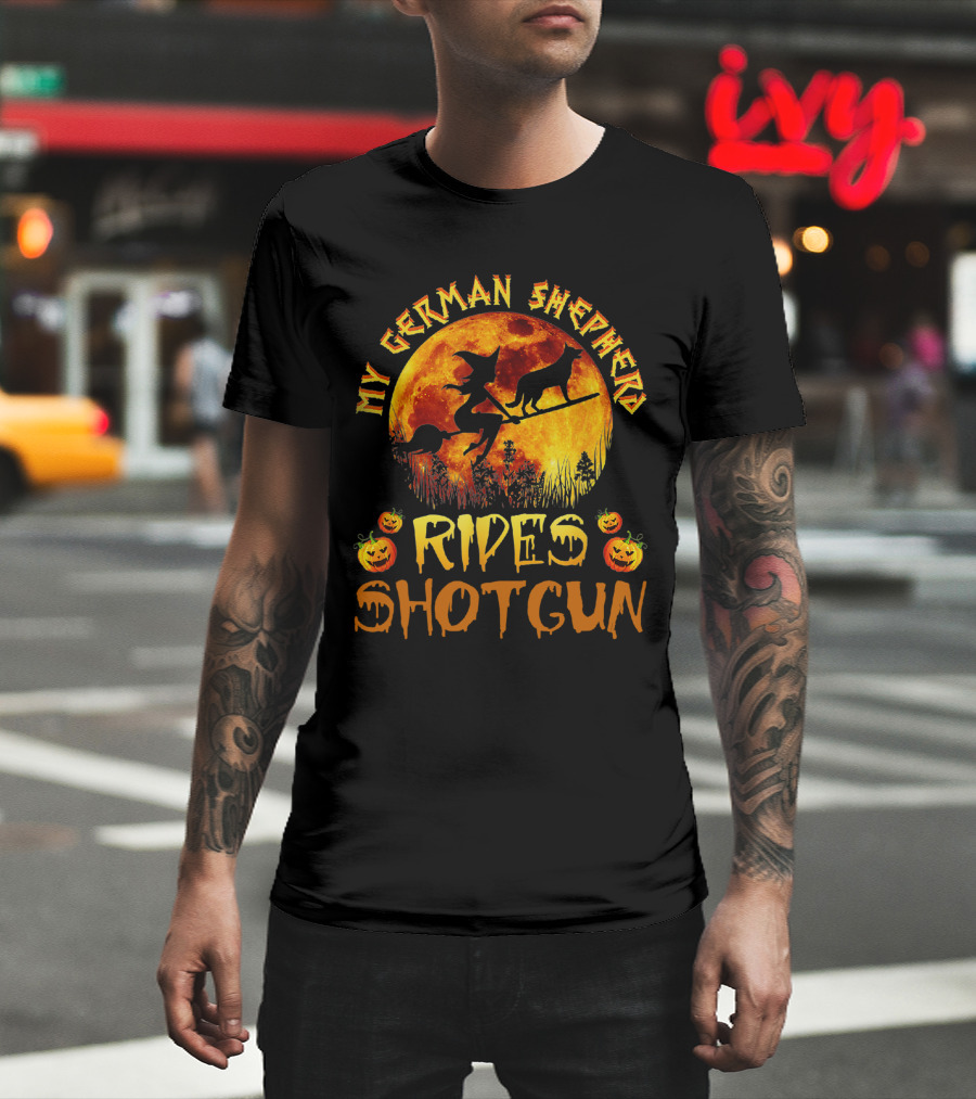 My German Shepherd Rides Shotgun Witch Halloween Pumpkins Moon T-Shirt