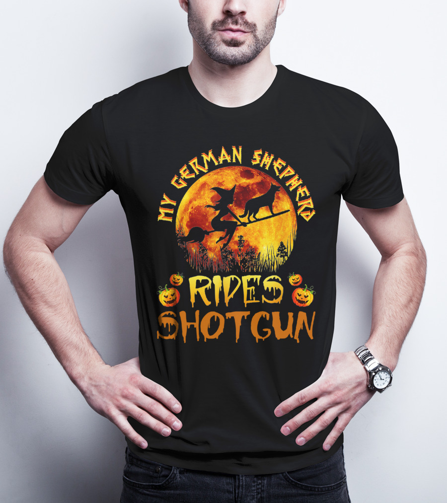 My German Shepherd Rides Shotgun Witch Halloween Pumpkins Moon T-Shirt