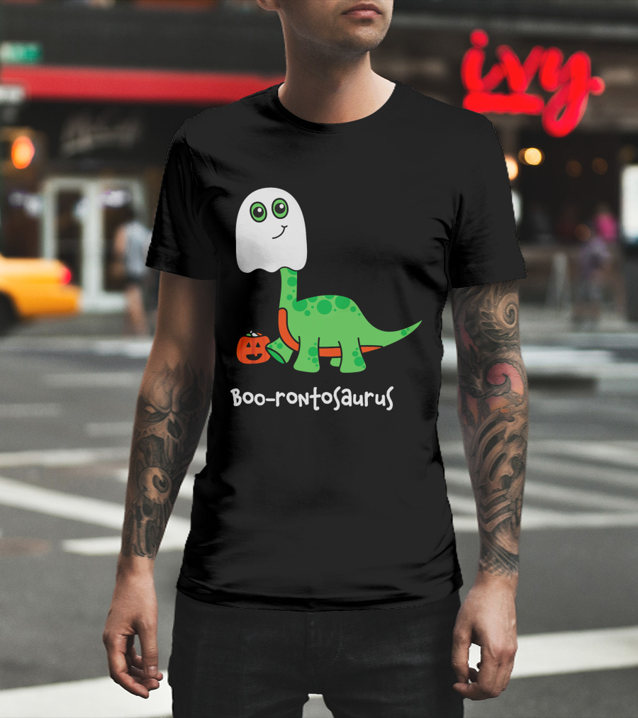 Boo-rontosaurus Ghost Dinosaur With Pumpkin Halloween Cute Funny Brontosaurus T-Shirt