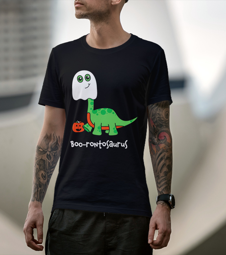 Boo-rontosaurus Ghost Dinosaur With Pumpkin Halloween Cute Funny Brontosaurus T-Shirt