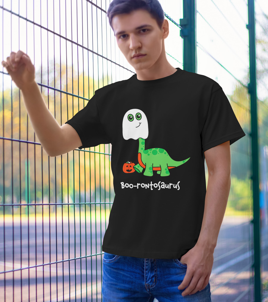 Boo-rontosaurus Ghost Dinosaur With Pumpkin Halloween Cute Funny Brontosaurus T-Shirt