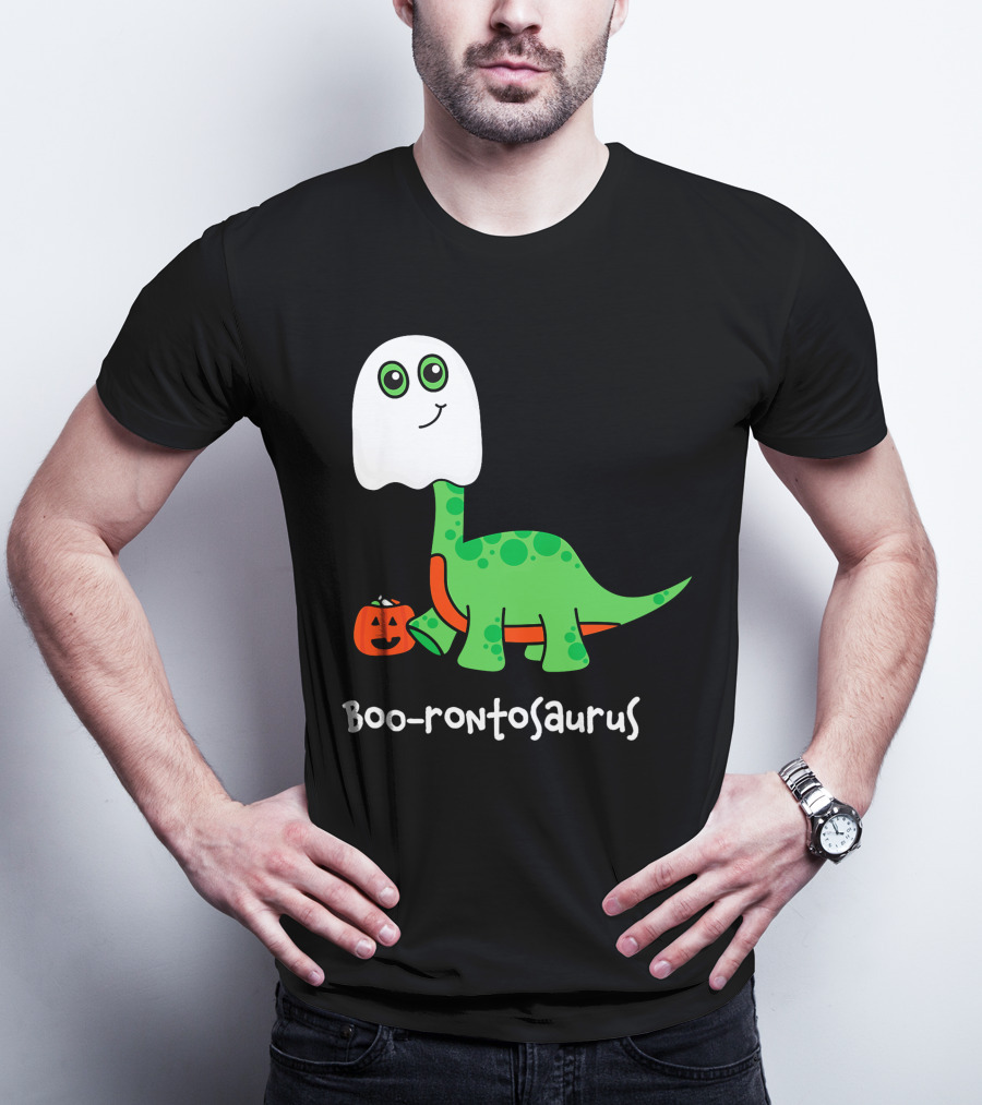 Boo-rontosaurus Ghost Dinosaur With Pumpkin Halloween Cute Funny Brontosaurus T-Shirt