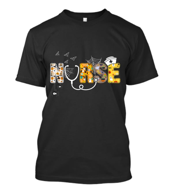 Nurse Halloween Boo Pumpkin Spider Witch Hat Bats Ghosts Cobwebs T-Shirt