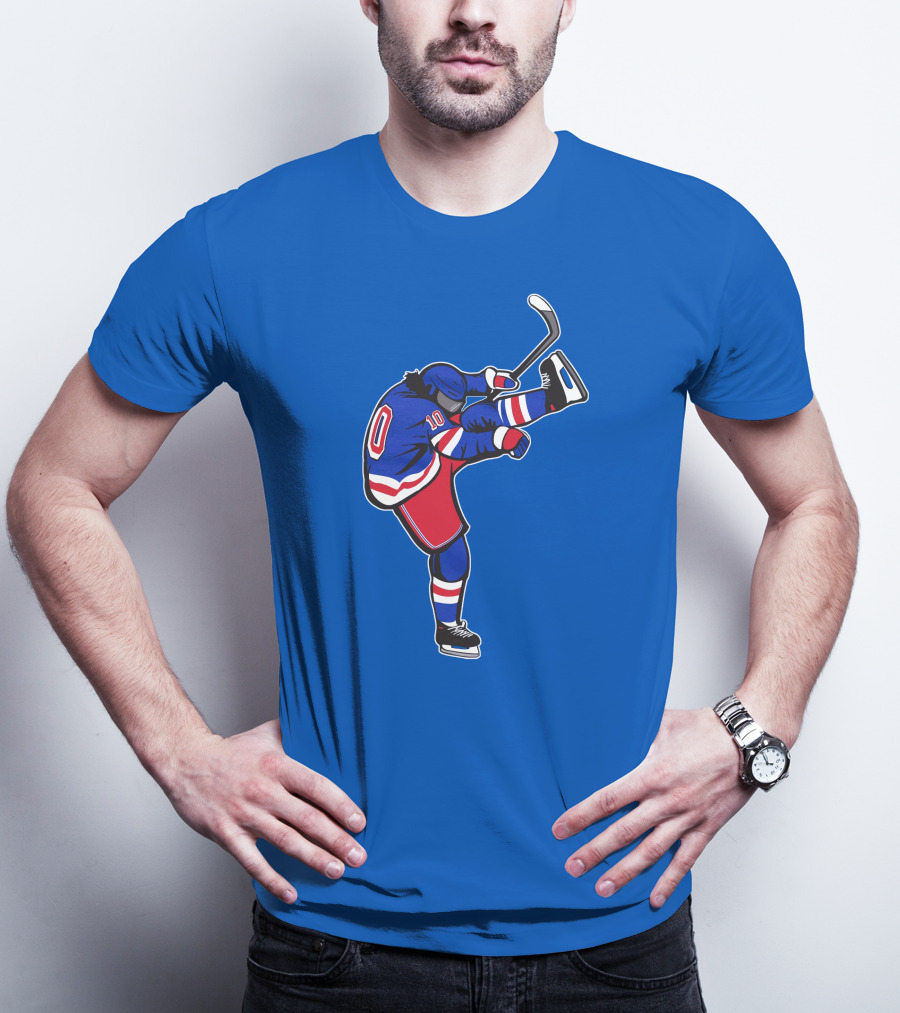 Xanh Bien Hockey Player Kicking Pose Blue Background T-Shirt