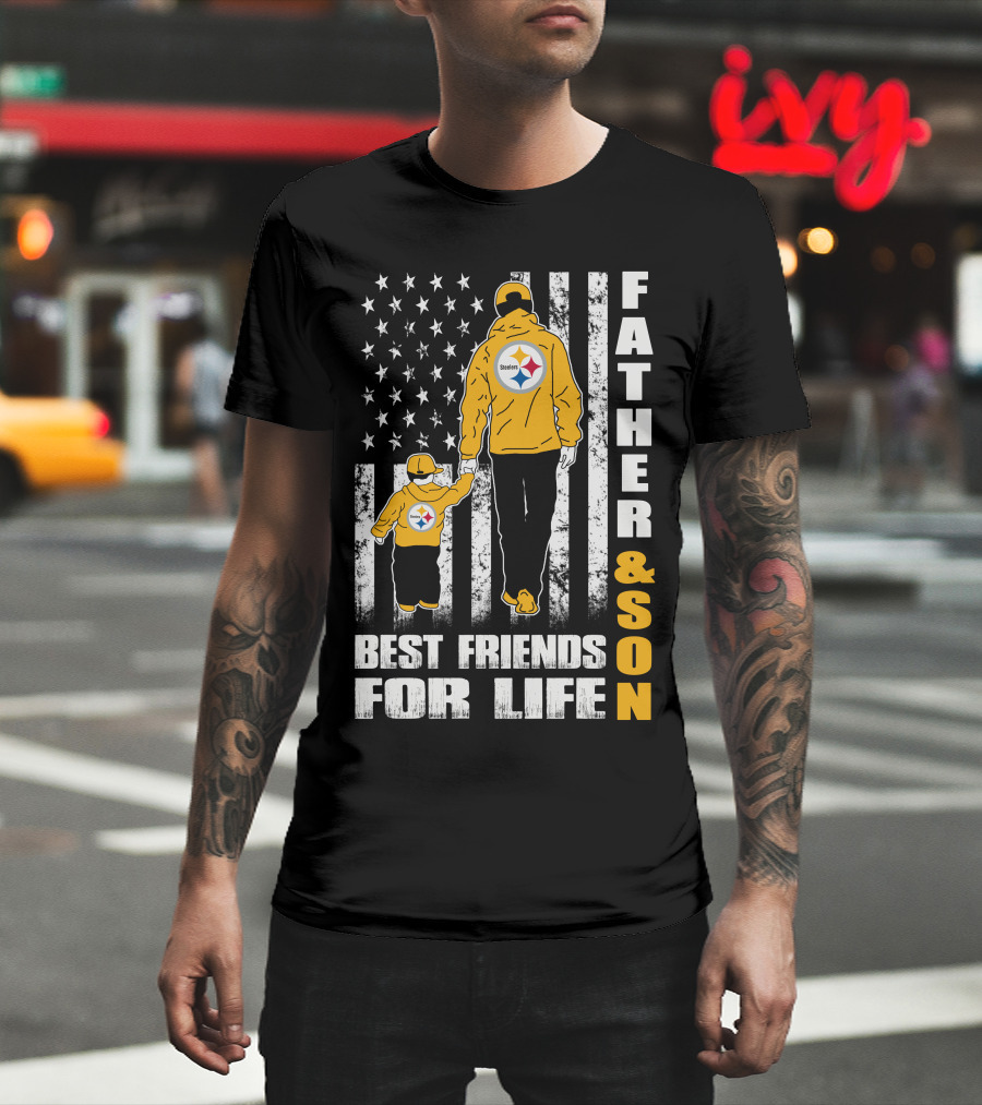 Father And Son Best Friends For Life Steelers Flag Background T-Shirt