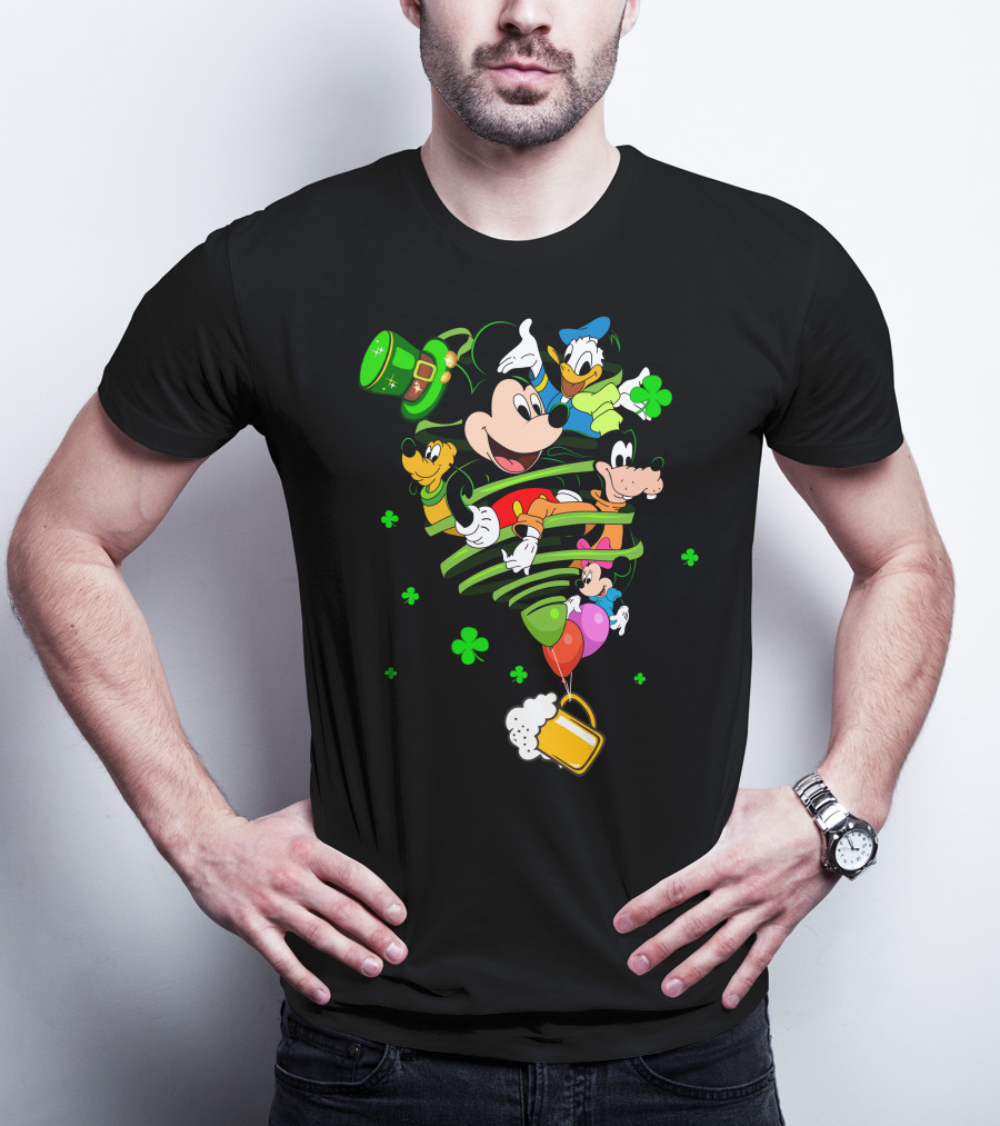 Mickey Mouse Donald Duck Goofy St. Patrick's Day Celebration With Shamrocks And Beer Mug T-Shirt