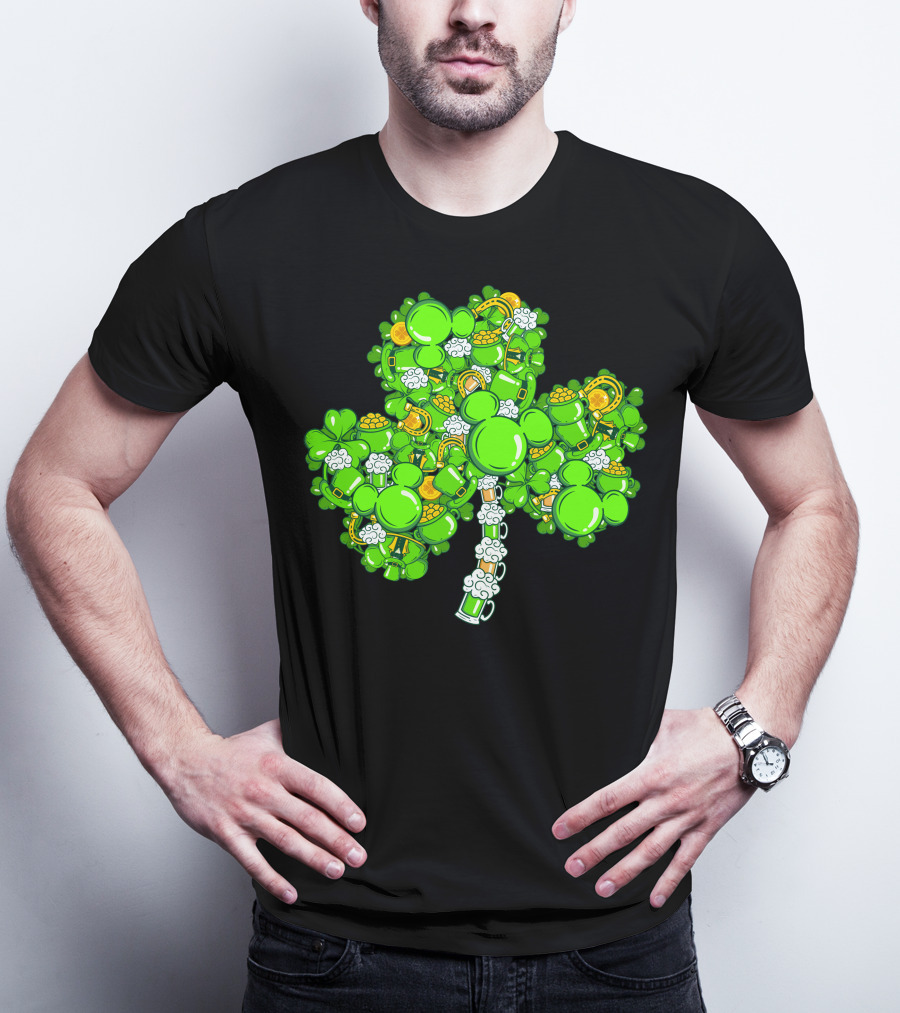 Shamrock Mickey Mouse St. Patrick's Day Beer Mugs And Gold Coins T-Shirt