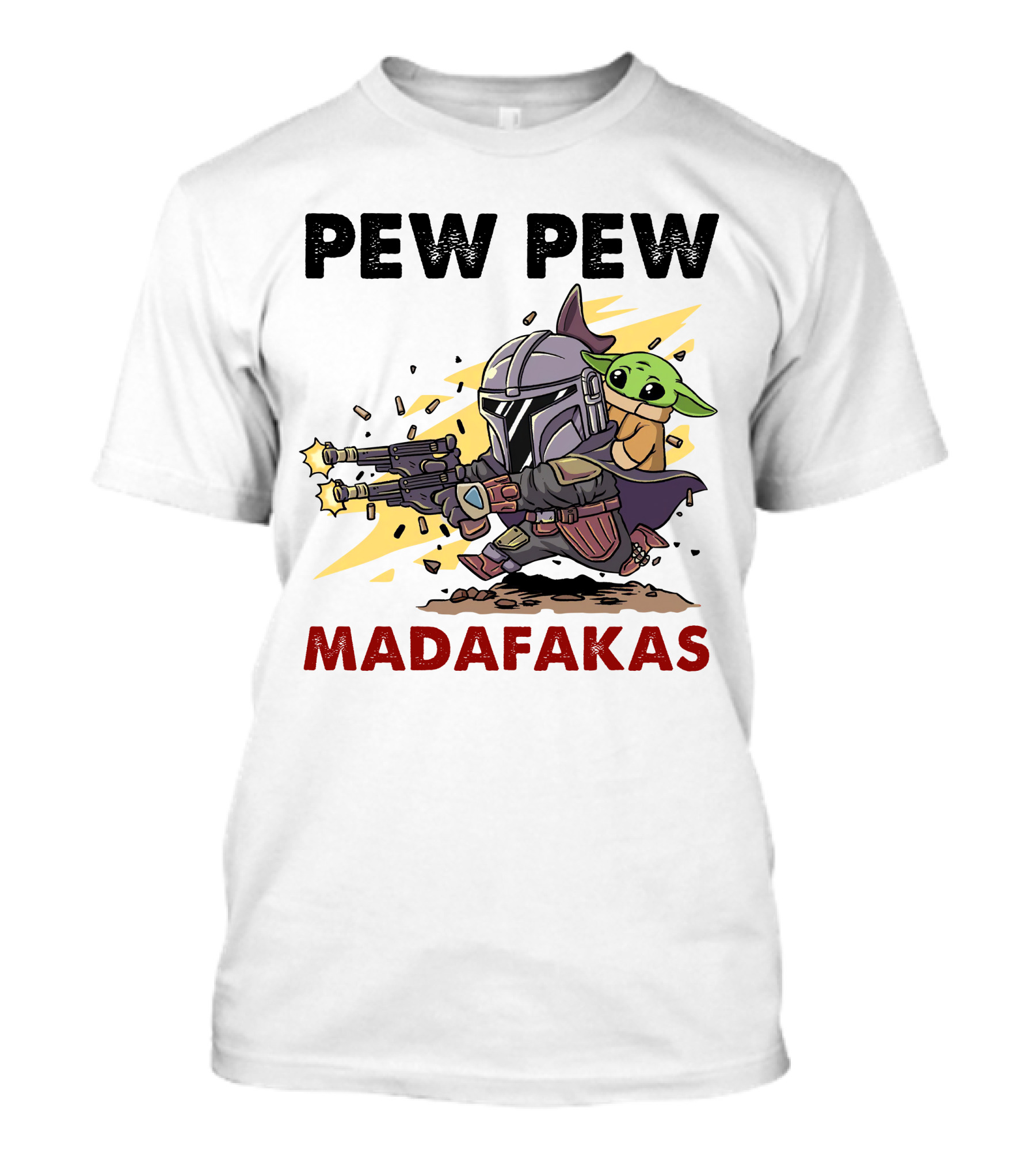 Pew Pew Madafakas Mandalorian Baby Yoda Gun Firing Scene T-Shirt