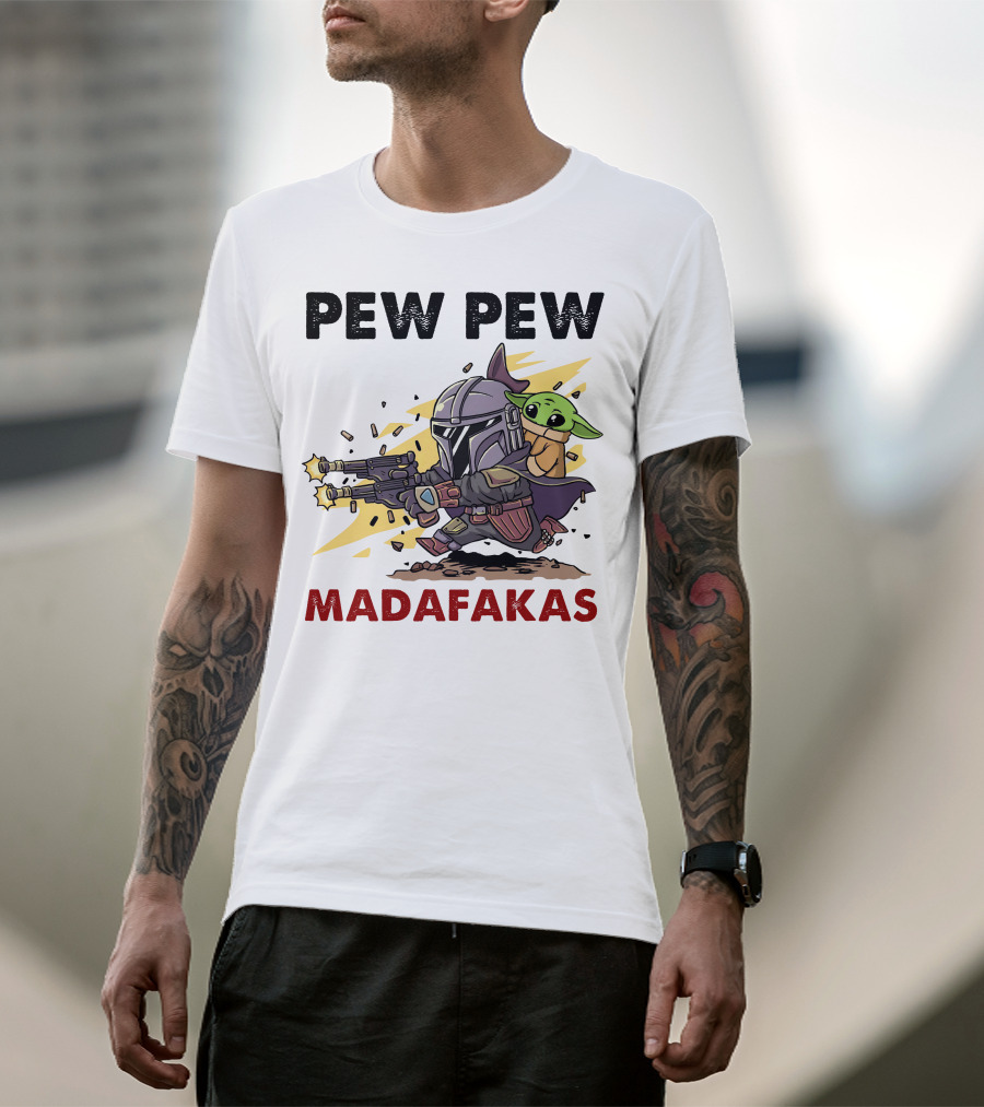 Pew Pew Madafakas Mandalorian Baby Yoda Gun Firing Scene T-Shirt