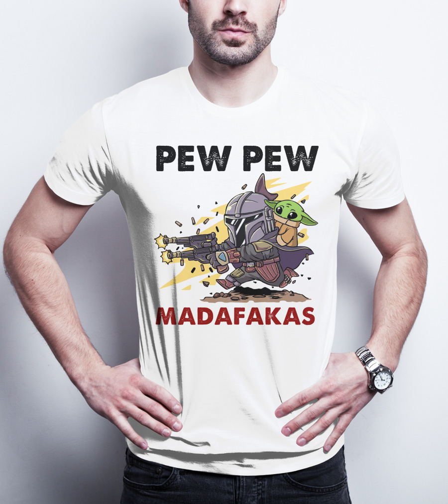 Pew Pew Madafakas Mandalorian Baby Yoda Gun Firing Scene T-Shirt