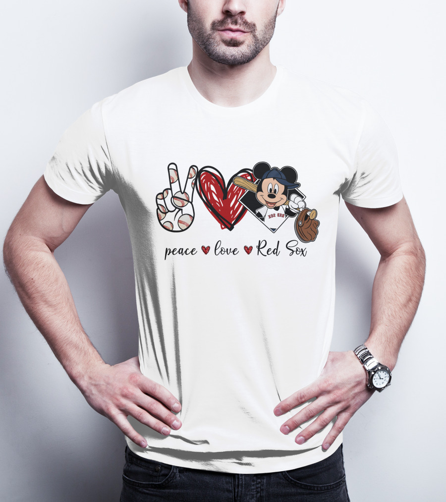 Peace Love Red Sox Mickey Baseball T-Shirt