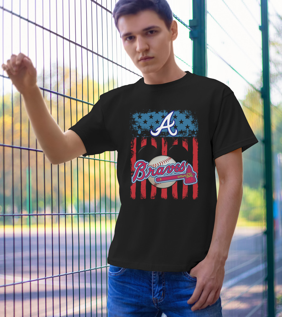 A Mickey Braves Iconic Baseball Stars And Stripes American Flag T-Shirt