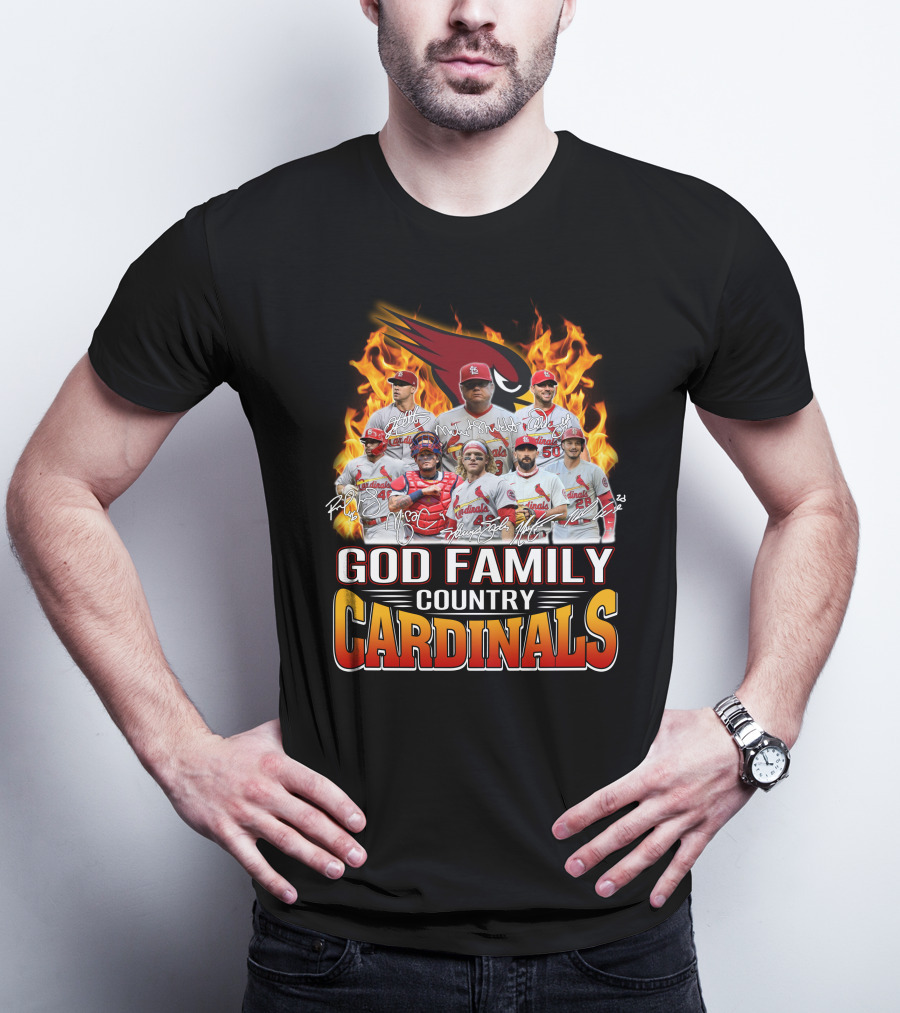 God Family Country Cardinals Baseball Team Fire Background T-Shirt