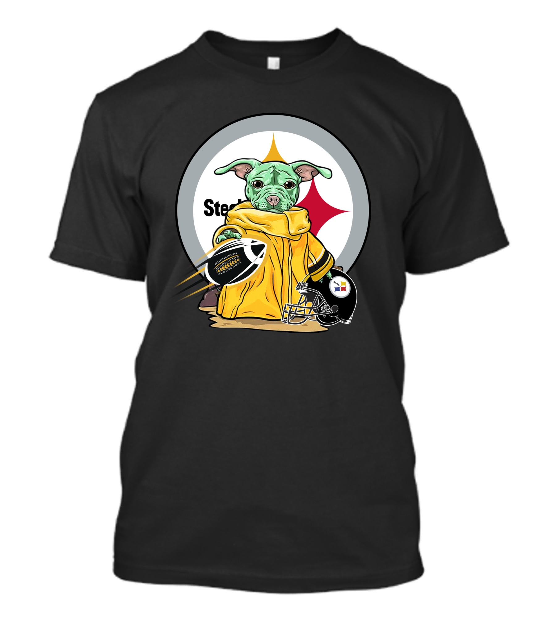 Pitbull Steelers Baby Holding Football With Steelers Logo And Helmet T-Shirt