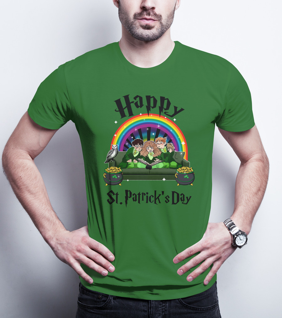 Happy St. Patrick's Day With Rainbow And Green Characters On Couch T-Shirt