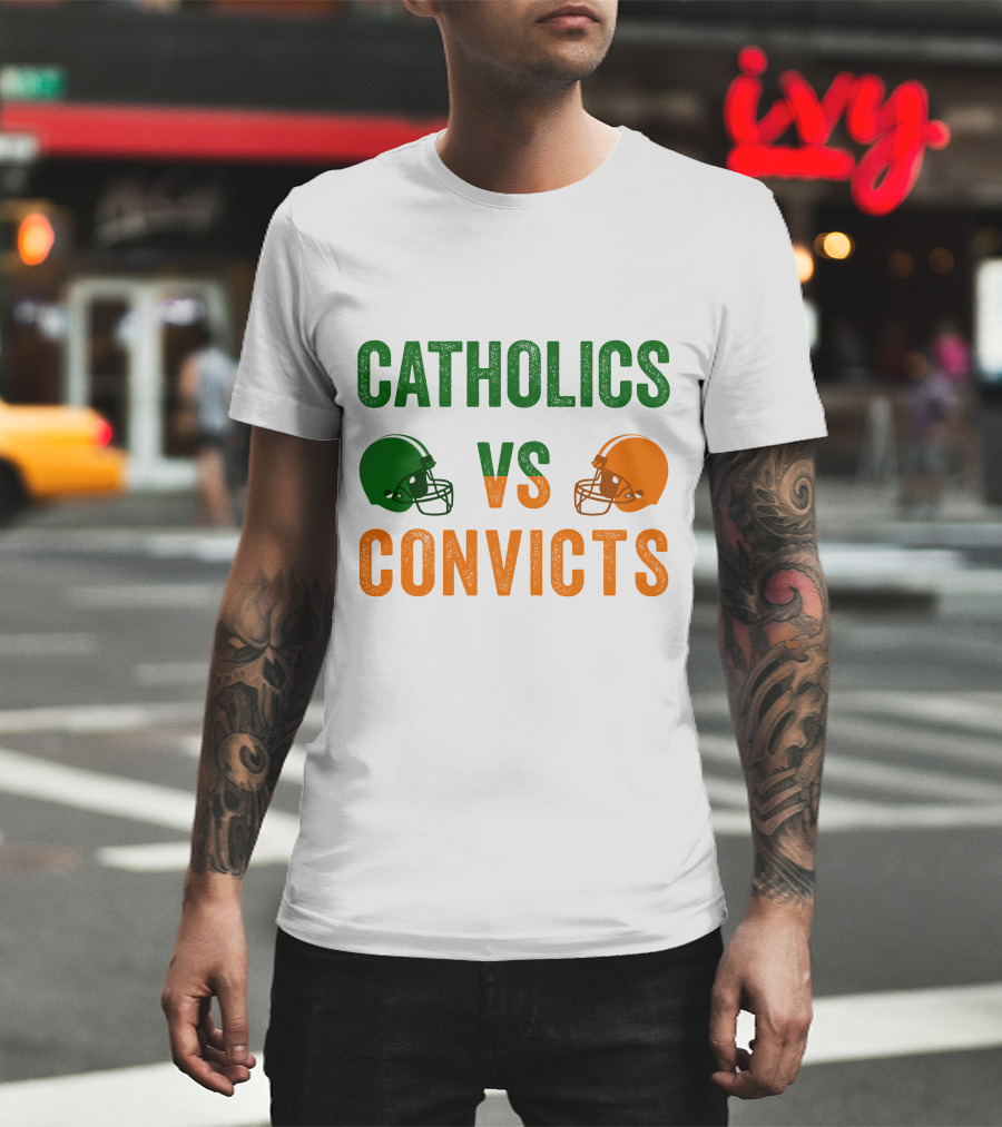 Catholics Vs. Convicts 1988 Football Helmets Rivalry T-Shirt