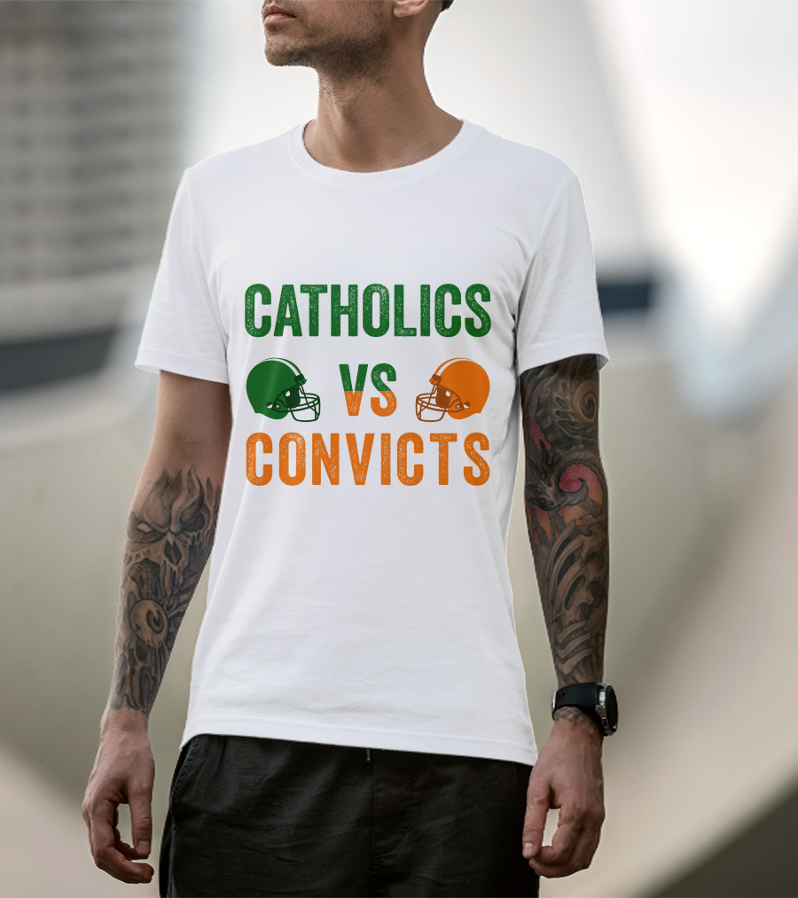 Catholics Vs. Convicts 1988 Football Helmets Rivalry T-Shirt