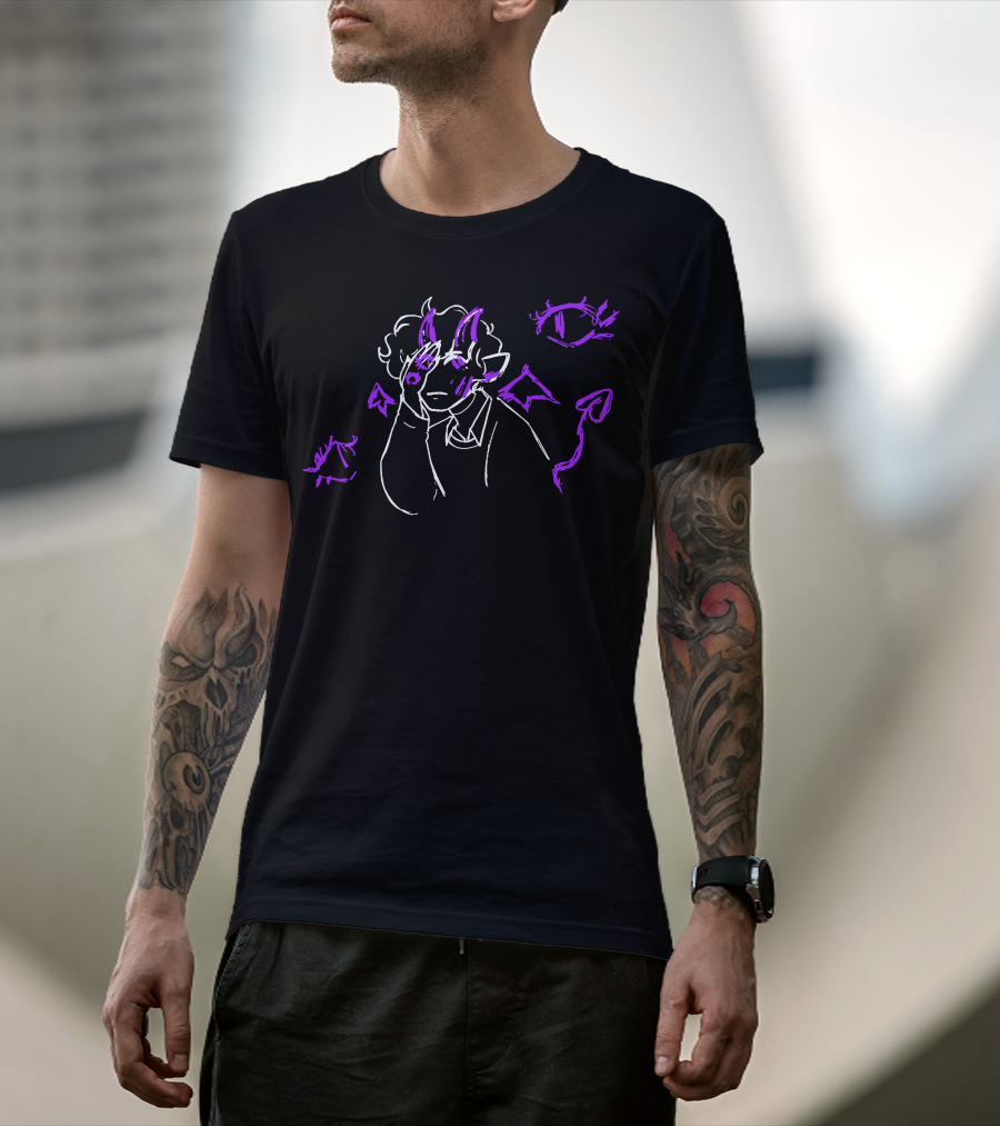Purple Devil-Horned Character With Eyes And Symbols Sketch T-Shirt