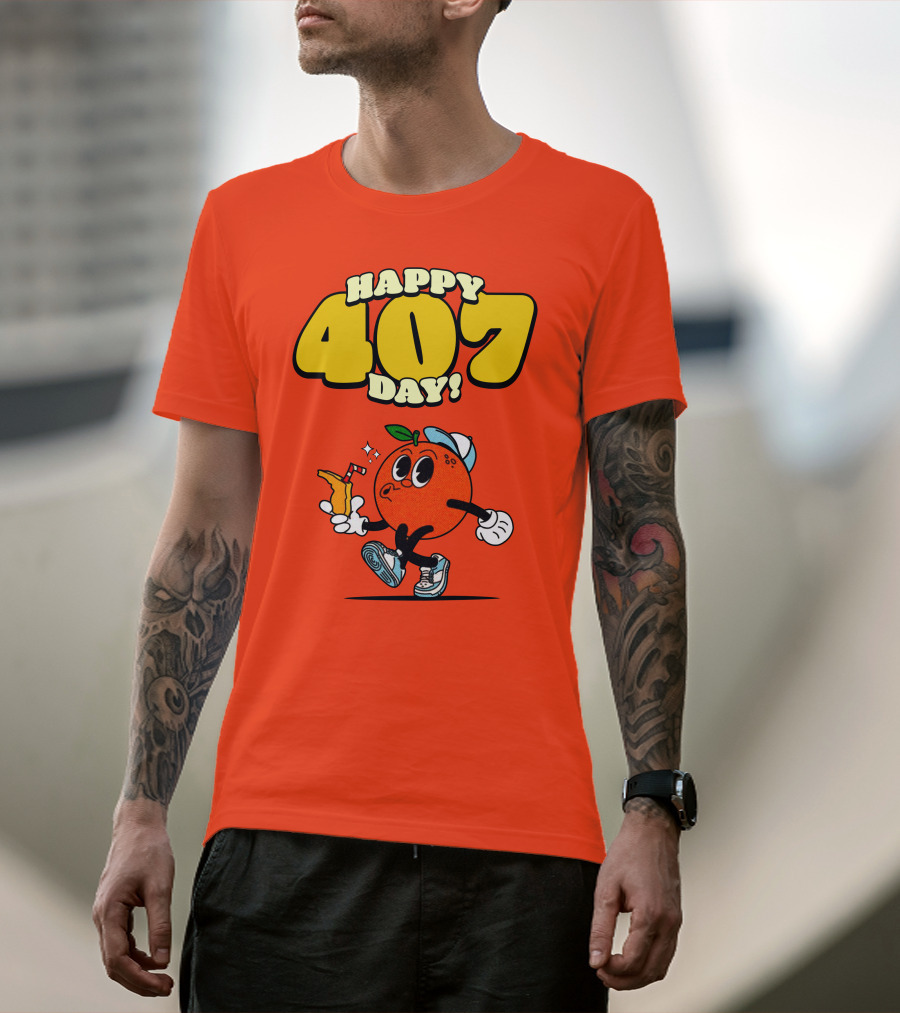 Happy 407 Day Orlando Orange Character With Drink And Sneakers T-Shirt