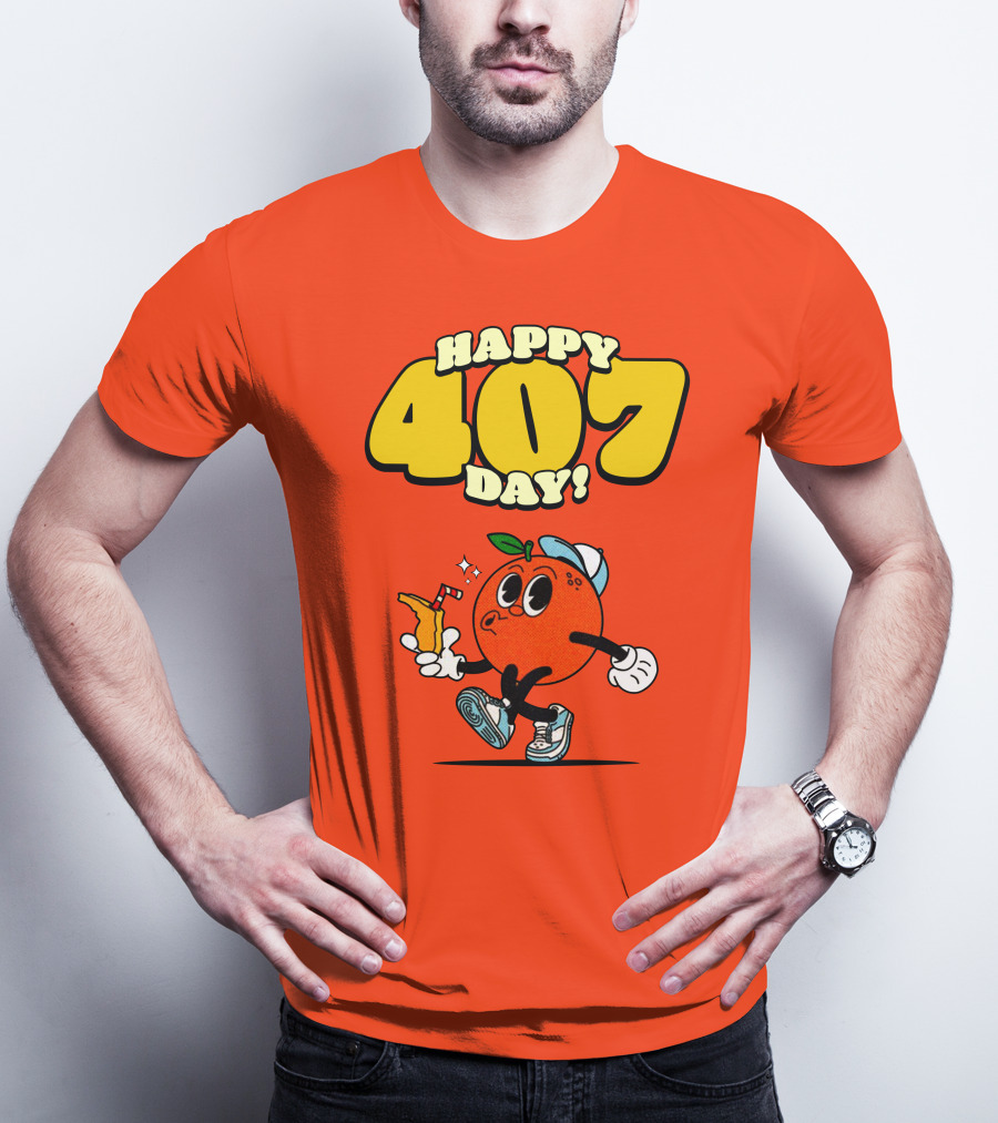 Happy 407 Day Orlando Orange Character With Drink And Sneakers T-Shirt