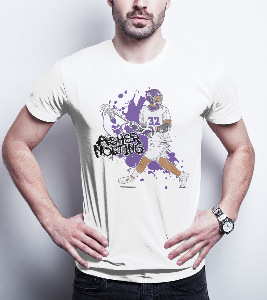 Asher Nolting 32 Lacrosse Player Purple Splatter T-Shirt