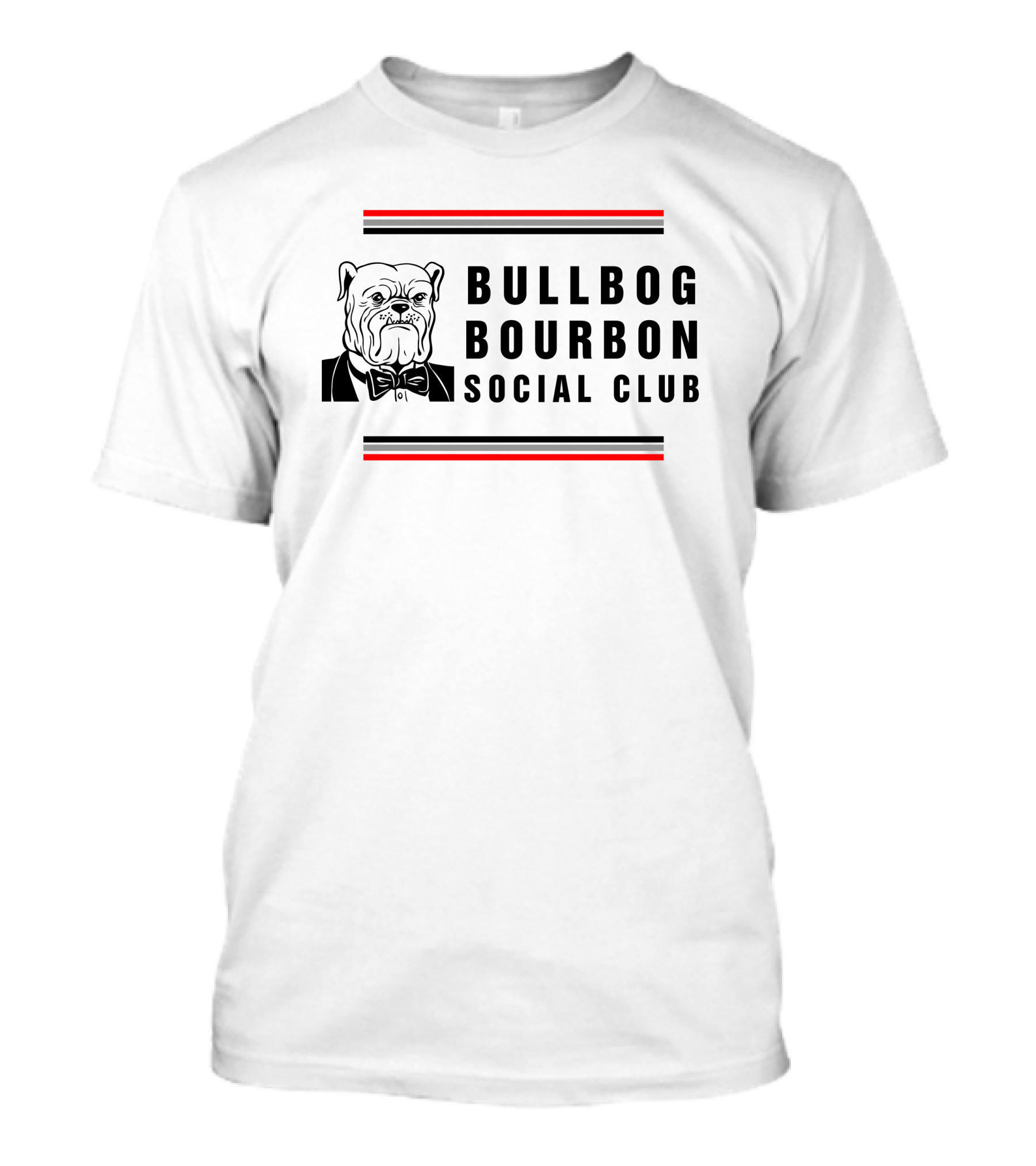 Bulldog Bourbon Social Club Classic Black And White Bulldog Illustration With Red Stripes T-Shirt