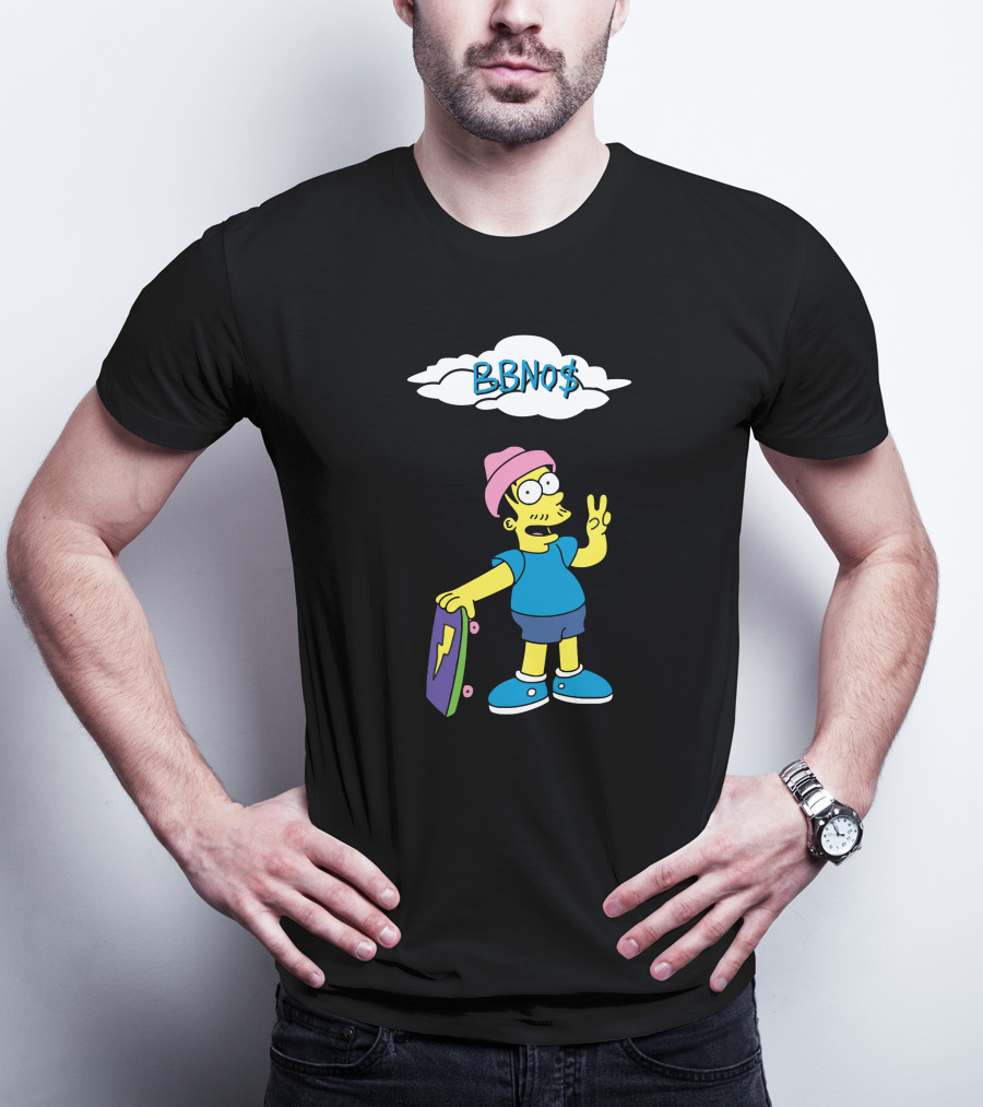 BBNO$ Cartoon Character With Skateboard And Peace Sign T-Shirt