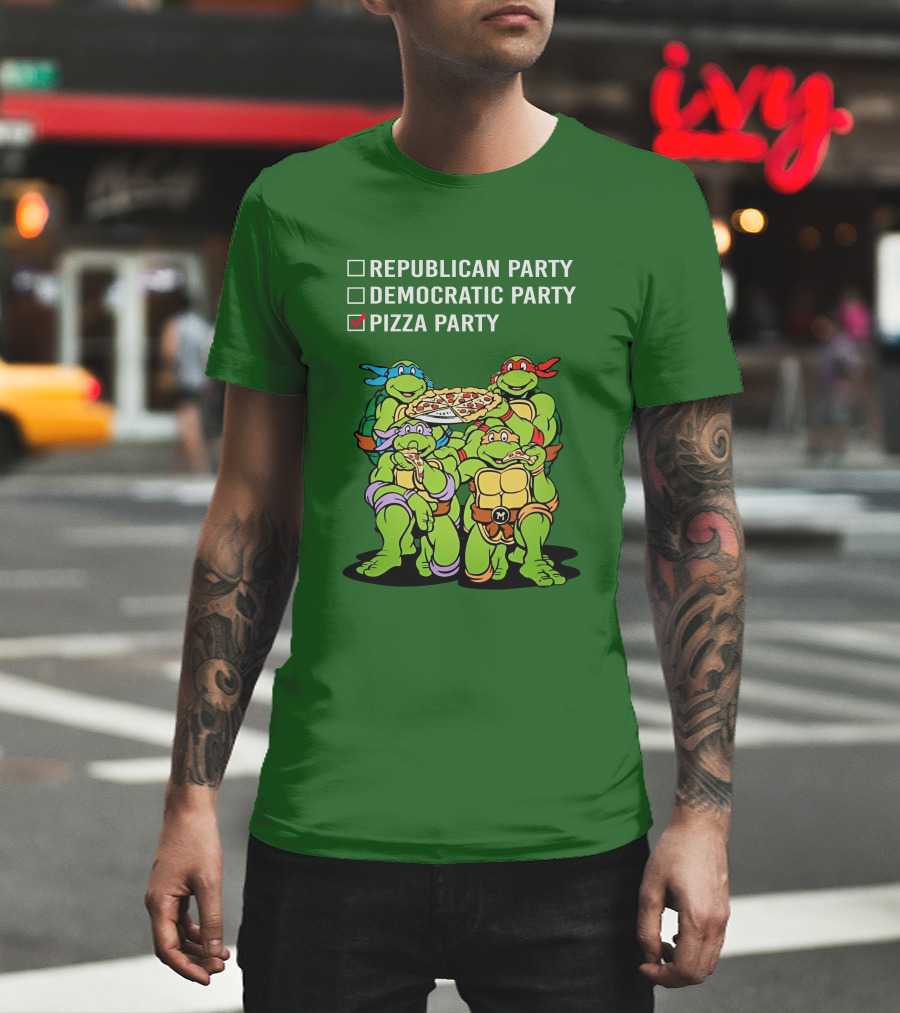 Pizza Party Checkmark With Four Ninja Turtles Carrying Pizza Under Republican Party Democratic Party Options T-Shirt