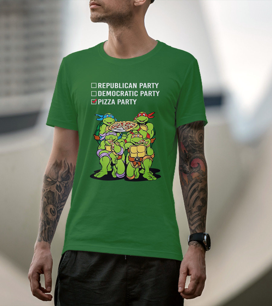 Pizza Party Checkmark With Four Ninja Turtles Carrying Pizza Under Republican Party Democratic Party Options T-Shirt