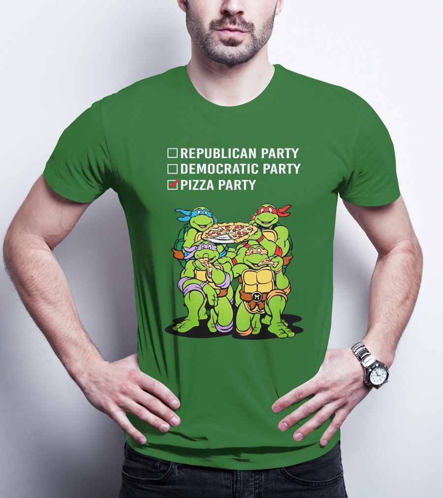 Pizza Party Checkmark With Four Ninja Turtles Carrying Pizza Under Republican Party Democratic Party Options T-Shirt
