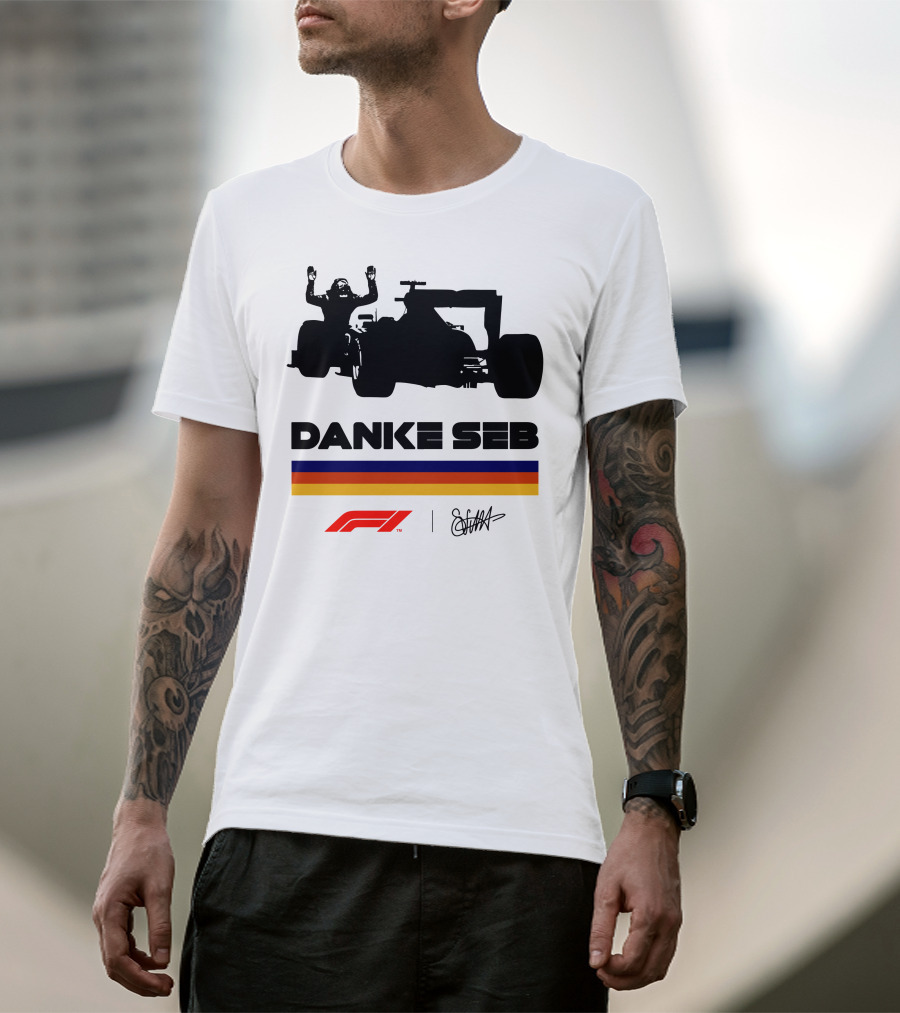 Formula 1 Danke Seb Vettel Silhouette With F1 Logo And Signature T-Shirt