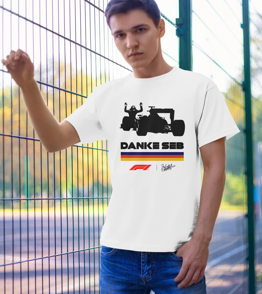 Formula 1 Danke Seb Vettel Silhouette With F1 Logo And Signature T-Shirt