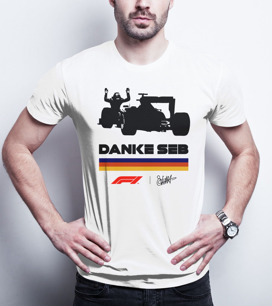 Formula 1 Danke Seb Vettel Silhouette With F1 Logo And Signature T-Shirt