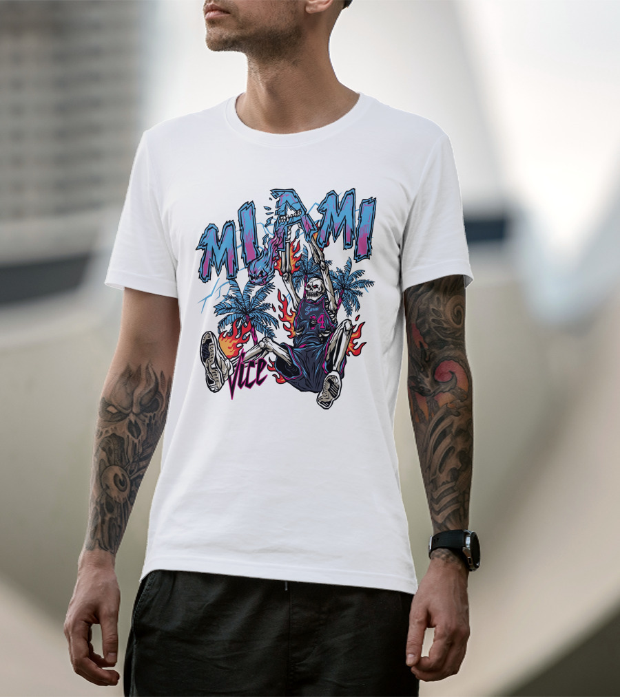 Sana Detroit Vice Miami Basketball Skeleton Dunking With Palm Trees And Flames T-Shirt