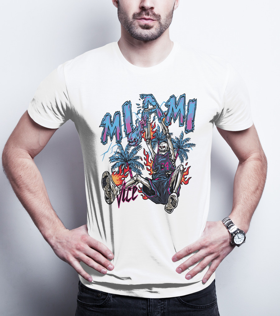 Sana Detroit Vice Miami Basketball Skeleton Dunking With Palm Trees And Flames T-Shirt