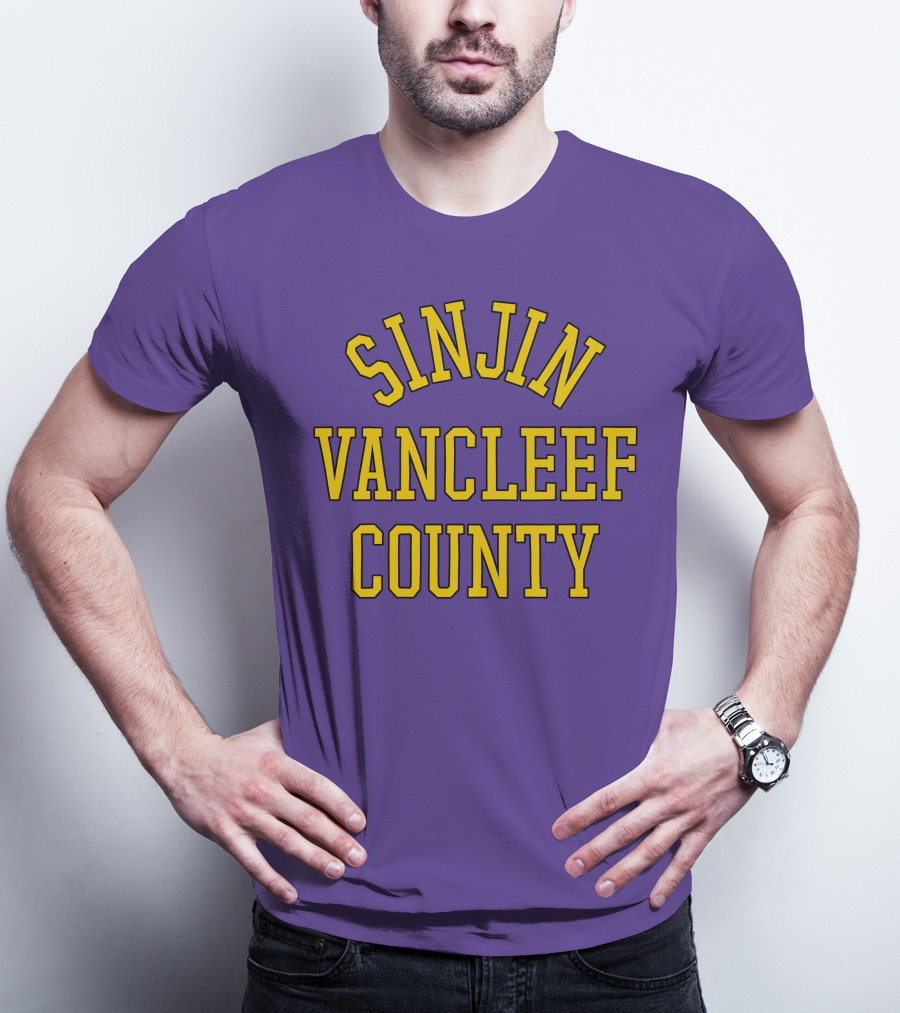 Sinjin Drowning Merch Sinjin Vancleef County Arch Style Purple Gold Lettering T-Shirt