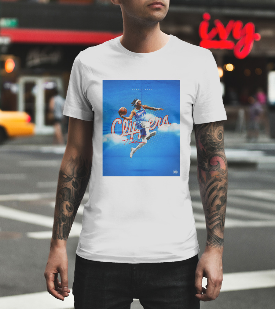 Terance Mann Clippers Basketball Motion Dribble Blue Clouds T-Shirt