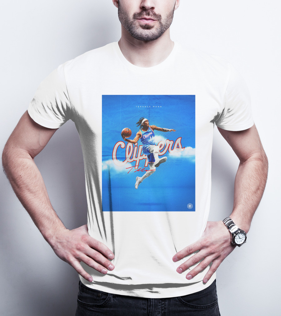 Terance Mann Clippers Basketball Motion Dribble Blue Clouds T-Shirt