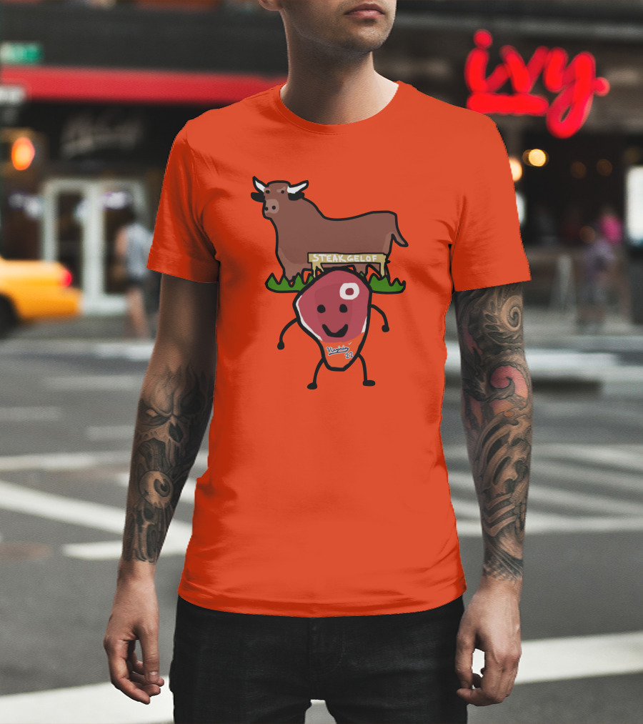 Steak Gelof Virginia 22 Cartoon Bull And Smiling Meat Character On Red T-Shirt