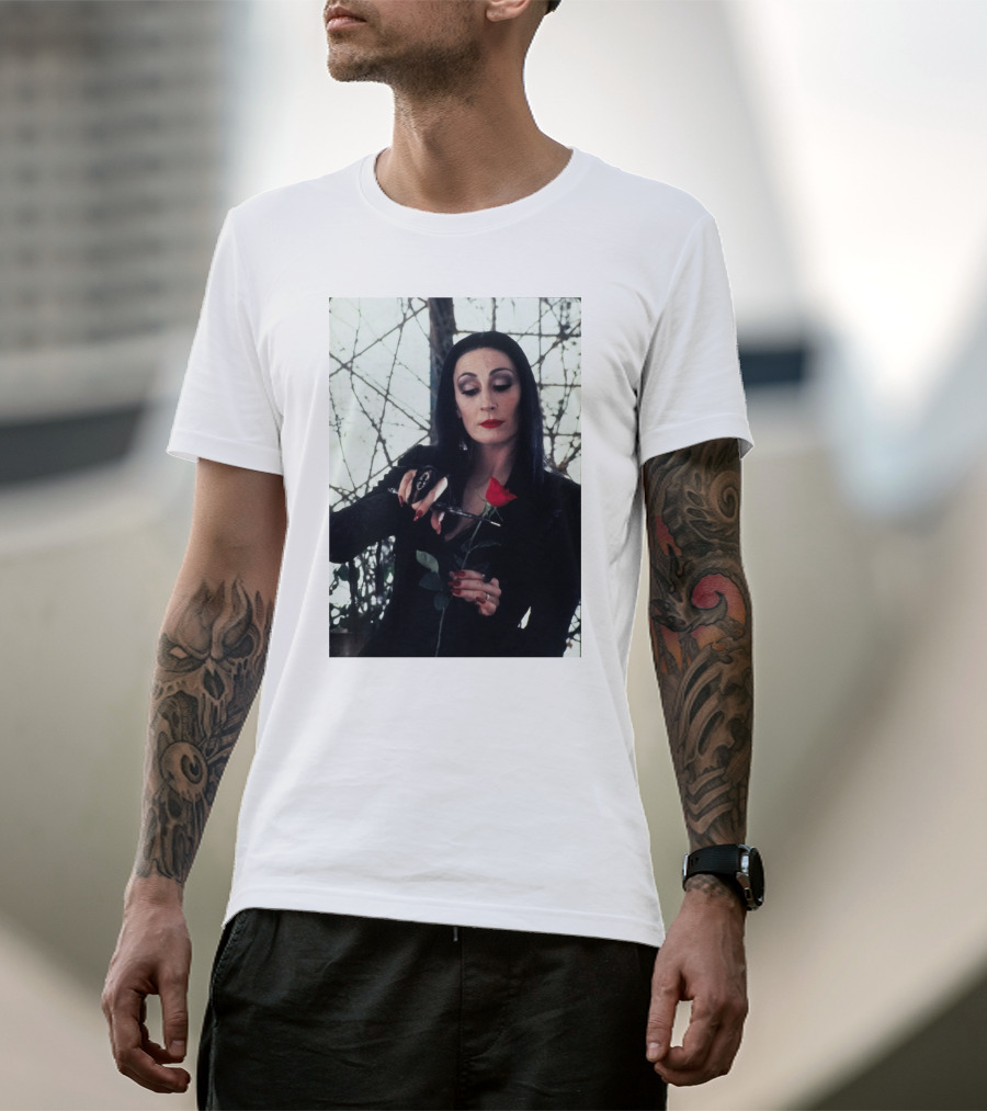 Morticia Addams Anjelica Huston Cutting Rose Scene T-Shirt