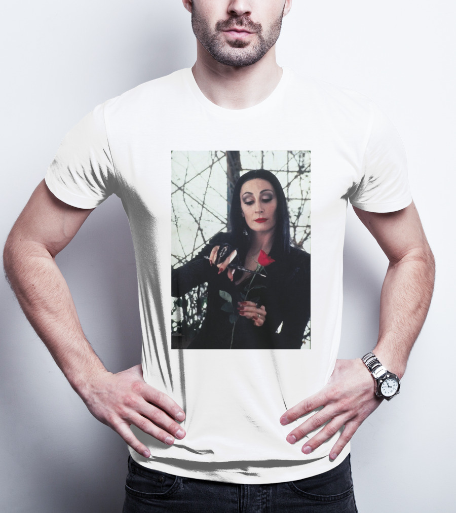 Morticia Addams Anjelica Huston Cutting Rose Scene T-Shirt