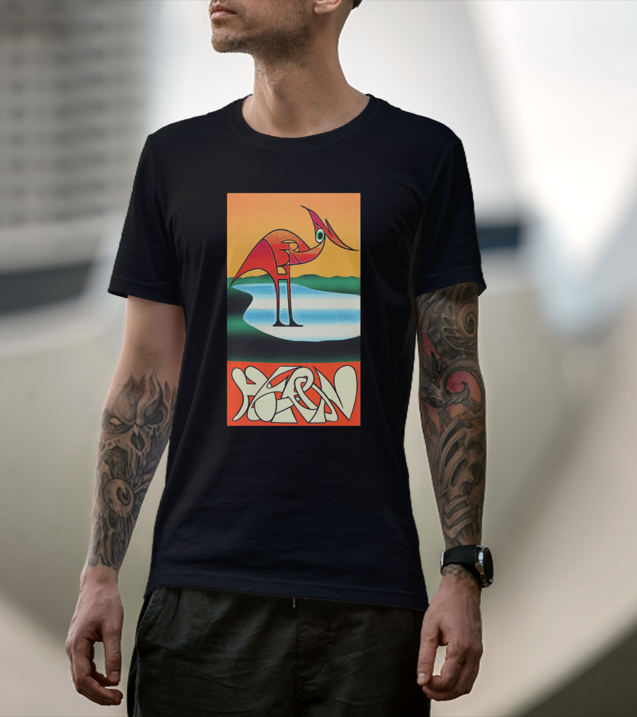 Heron Preston Abstract Bold Graphic Stork Art Orange Teal Lake T-Shirt