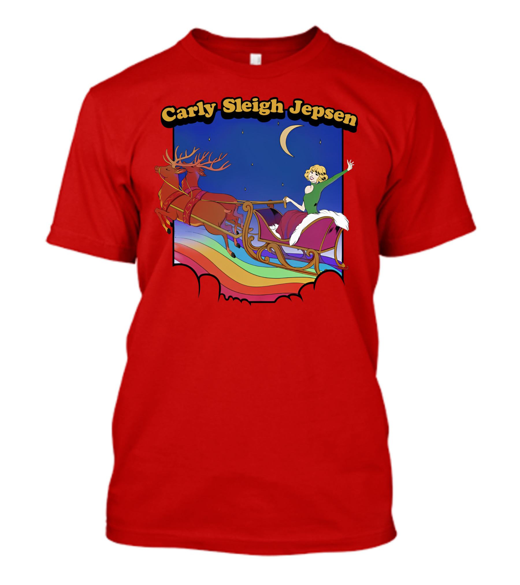 Carly Sleigh Jepsen Christmas Reindeer Sleigh Adventure Under Moonlit Sky T-Shirt