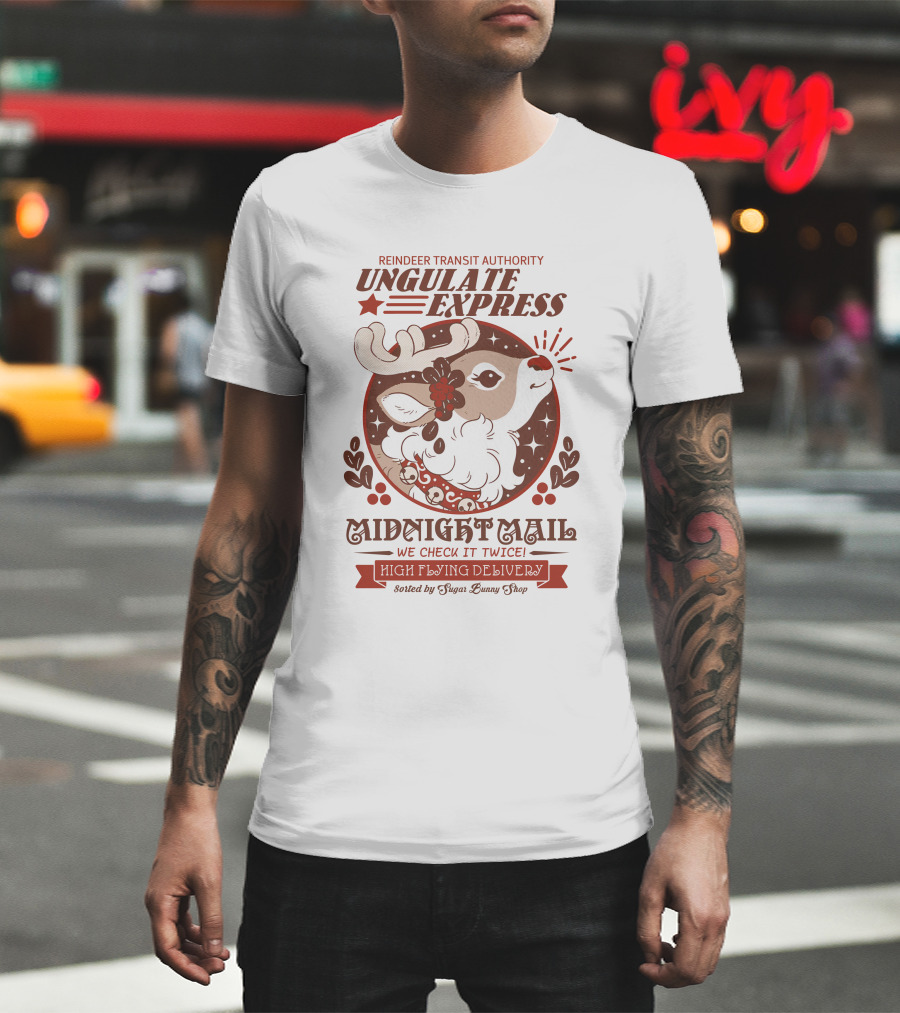 Reindeer Transit Authority Ungulate Express Midnight Mail High Flying Delivery T-Shirt