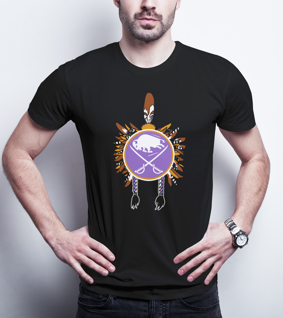 Buffalo Sabres Native American Feathered Symbol With Purple Circle And Crossing Sticks T-Shirt