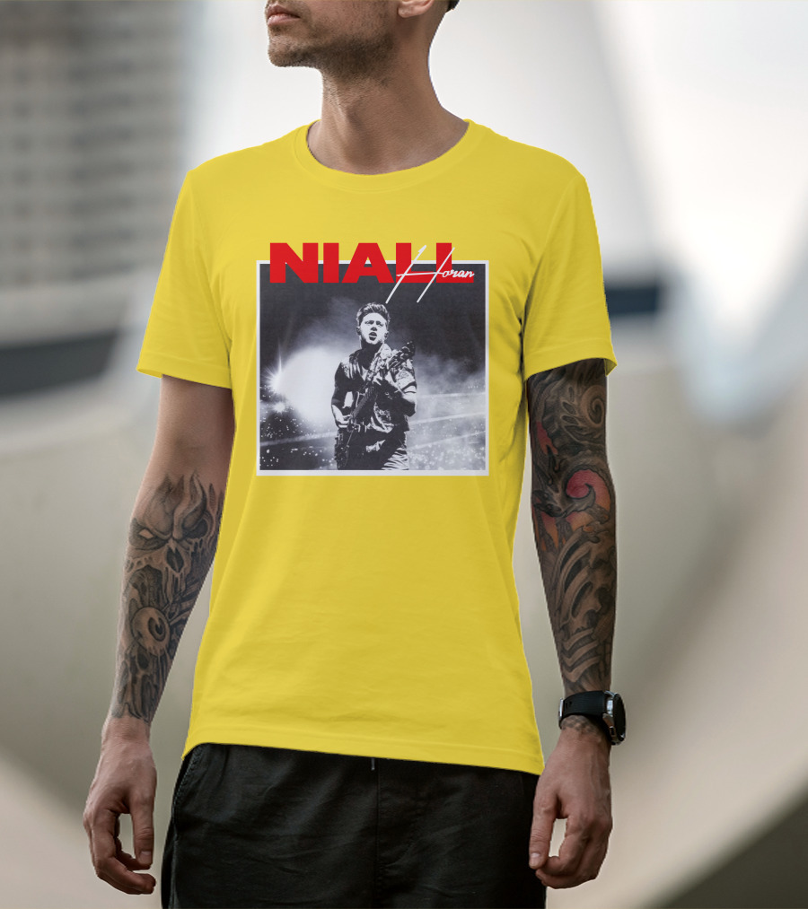 Niall Horan Live Performance Black And White Stage Photo With Red Name Highlight T-Shirt