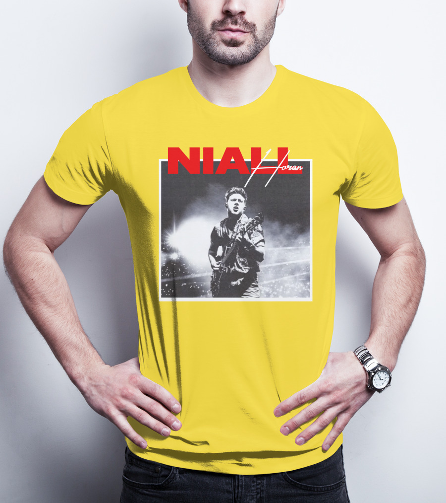 Niall Horan Live Performance Black And White Stage Photo With Red Name Highlight T-Shirt