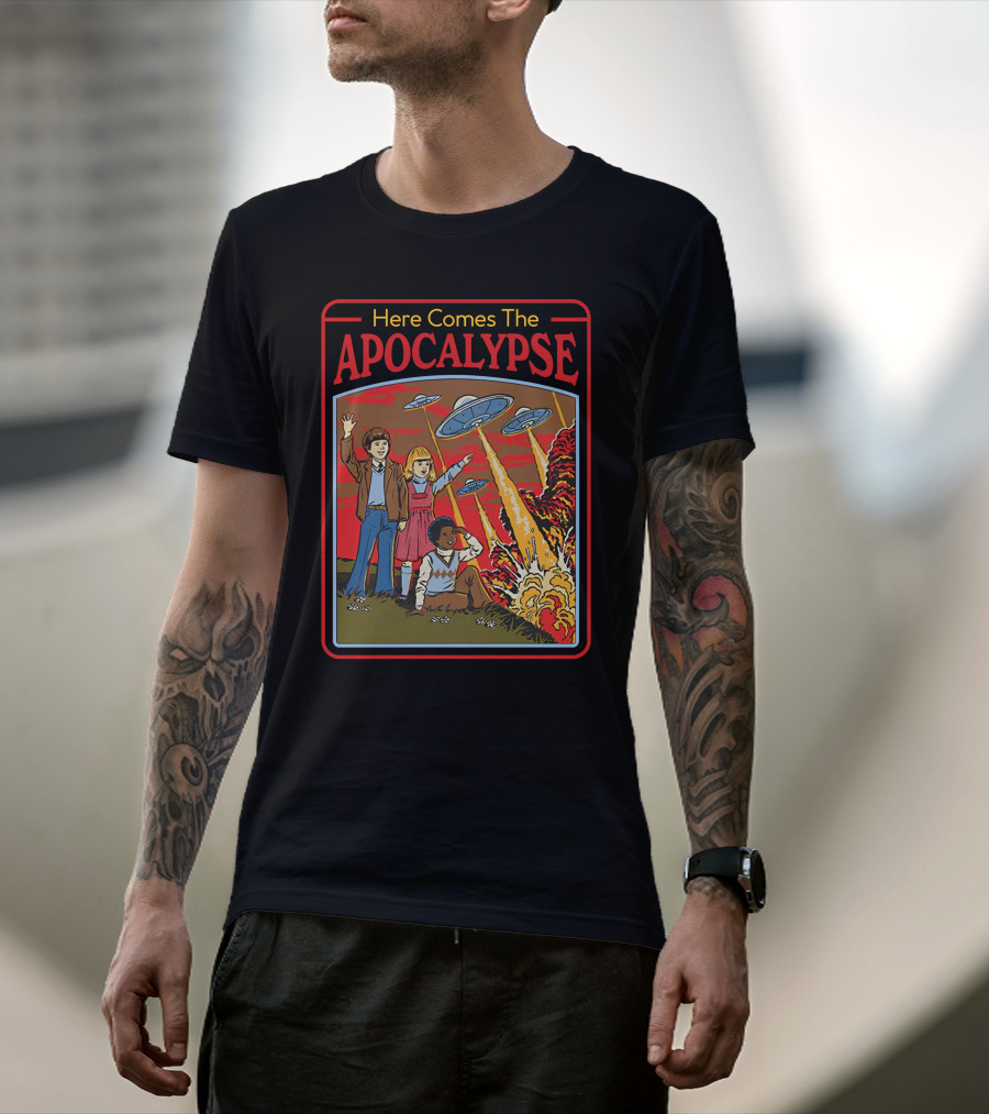 Here Comes The Apocalypse UFO Invasion With Kids And Explosions T-Shirt