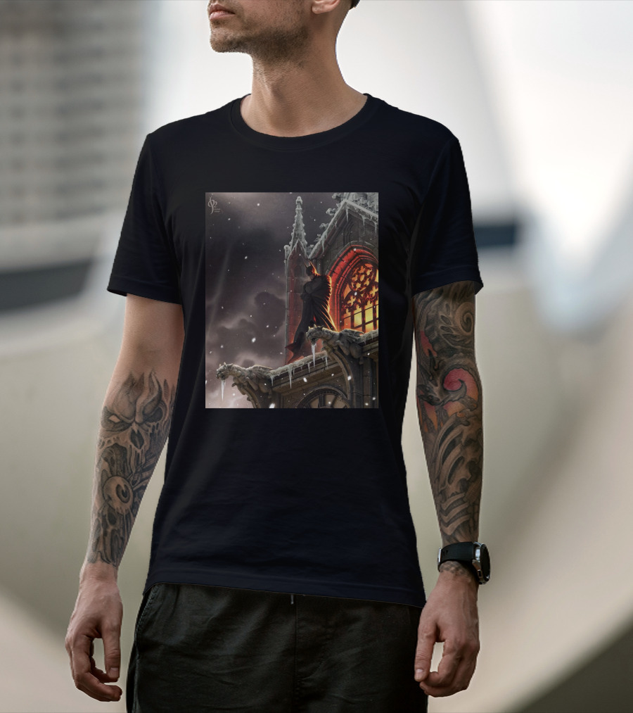 A Knight In The Frost Gothic Cathedral Snowfall Scene T-Shirt
